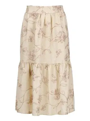 CONQUISTA Embroidered Floral Midi Skirt - Beige