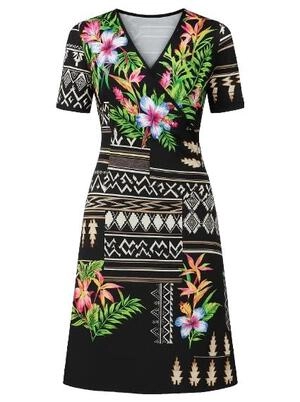 CONQUISTA Short Sleeve Wrapover Jungle Print Dress - Black