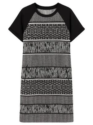 CONQUISTA Short Sleeve Straight Dress With Geometric Print - Black