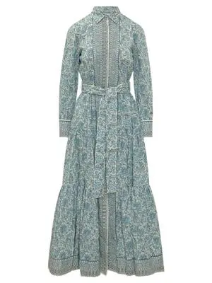 MC2 SAINT BARTH Printed Long-sleeve Belted Maxi Dress - Navy