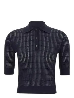Max Mara MAX MARA STUDIO Silk/Wool Blend Ribbed Polo Navy