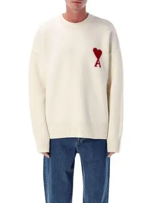 AMI Paris Wool Crewneck Sweater With Intarsia Chest Detail - Ecru Red