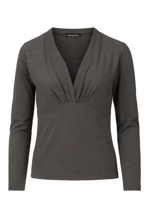 CONQUISTA Long Sleeve Heathered Jersey Top With Draped V-neck - Black