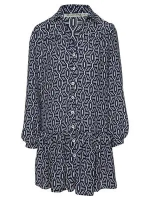 CONQUISTA Navy And White Geometric Print Long Sleeve Dress - Blue