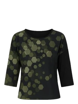 CONQUISTA Geometric Print Sheer Back Crop Top - Black