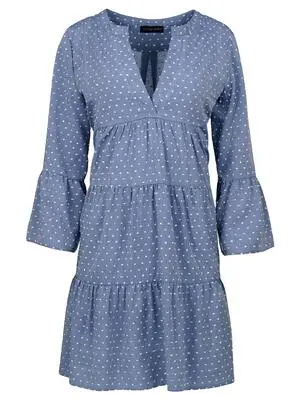 CONQUISTA Embroidered Denim Style A-line Dress With Bell Sleeves - Blue