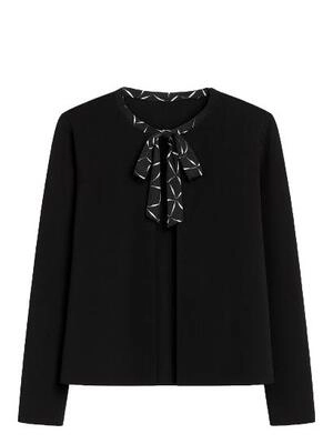 CONQUISTA Long Sleeve Cardigan With Contrast Print Satin Tie Detail - Black