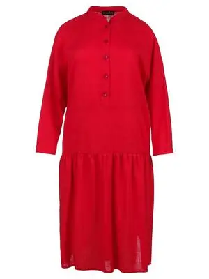 CONQUISTA Linen Style Oversized Midi Dress With Mandarin Collar And Belt - Red