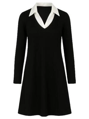 CONQUISTA Long Sleeve Shirt Collar A-line Dress - Black