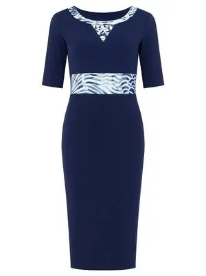 CONQUISTA Conquista Navy Viscose-Elastane Jersey Midi Dress With Patterned Waistband