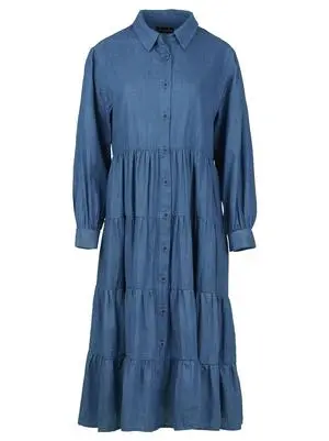 CONQUISTA Cotton Denim Tiered Button-up Shirt Dress - Blue