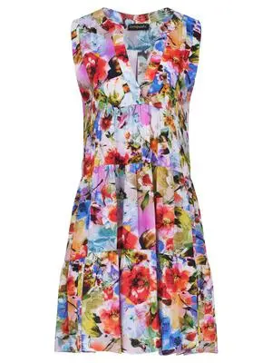 CONQUISTA Floral Print Sleeveless Viscose Poplin Dress - Blue