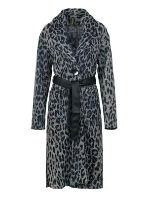 CONQUISTA Animal Print Wool Blend Long Coat With Faux Leather Belt - Black