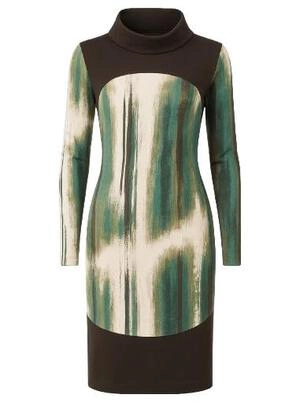 CONQUISTA Long Sleeve Turtleneck Dress With Abstract Print And Contrasting Panels - Green