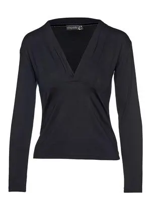 CONQUISTA Long Sleeve Faux Wrap Top In Stretch Jersey - Black