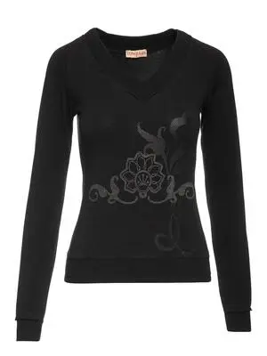 CONQUISTA Long Sleeve V-neck Top With Glitter Print - Black