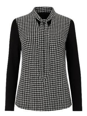 CONQUISTA Long Sleeve Houndstooth Print Top With Neck Tie - Black