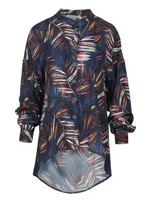 CONQUISTA Leaf Print Blouse With Mandarin Collar - Blue