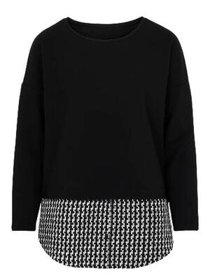 CONQUISTA Houndstooth & Button Detail Long Sleeve Top With Optional Shirt Collar - Black