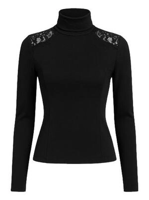 CONQUISTA Long Sleeve Lace Detail Turtleneck Top - Black