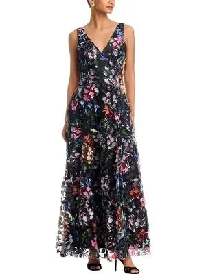 Eliza J Sleeveless V-neck Gown With Floral Appliques - Black
