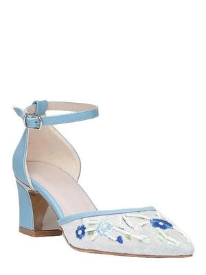 PROLOGUE SHOES Lorelai Block Heel Embroidered Bridal Pump - Blue