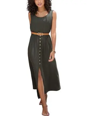 LASCANA Button Detail Front Slit Maxi Dress - Olive