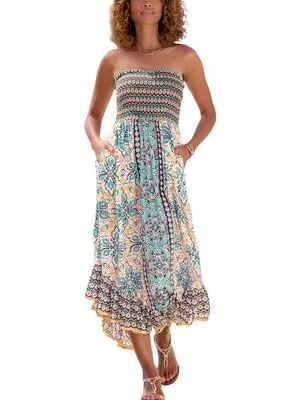 LASCANA LASCANA Smocked Bodice Printed Strapless Dress With Handkerchief Hem