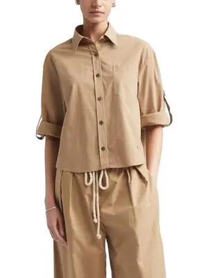 Maria Mcmanus Organic Cotton Roll-tab Sleeve Crop Shirt - Walnut
