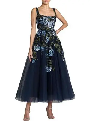 Mac Duggal Square Neck Embroidered A-line Midi Dress - Blue Multi