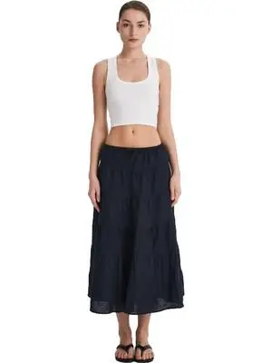 OROLAY Tiered Ruffle Linen Skirt - Navy
