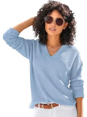LASCANA Ribbed V-neck Sweater - Blue