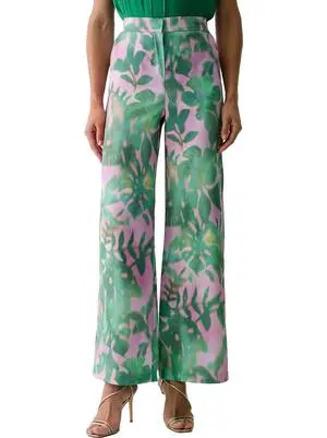 MORGAN Floral Print Wide Leg Trousers - Green