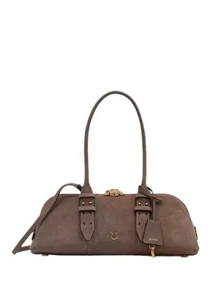 Pinko Large Suede Shoulder Bag With Buckle Details - Brown