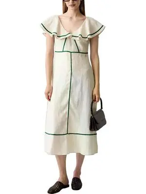 PEDRO DEL HIERRO Ruffled Contrast-trim Midi Dress - Neutrals