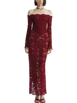 2310 STUDIO Off-shoulder Lace Maxi Dress - Red