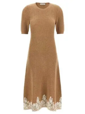 Alberta Ferretti Ribbed Knit Midi Dress With Lace Trim - Neutrals