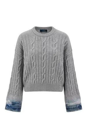 HAIKURE Cable Knit Sweater With Denim Cuffs - Grey