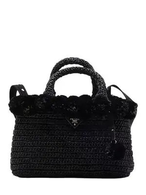 Prada Small Raffia Pompom Satchel - Black