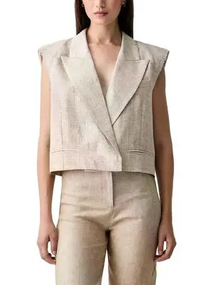 VICOLO Sleeveless Peak Lapel Vest With Frayed Edges - Neutrals