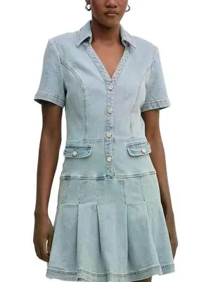 MORGAN Pleated Skirt Denim Mini Dress - Blue