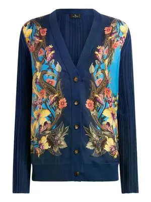 Etro Wool And Silk Cardigan With Placed Paisley And Floral Print - Blue