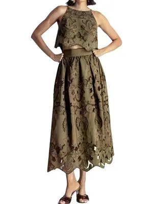 MOUTAKI Floral Embroidered Scalloped Cropped Top - Green