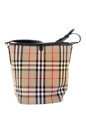 Burberry Ashby Vintage Check Canvas Mini Bucket Bag With Leather Trim - Black