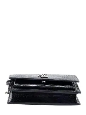 Saint Laurent Sunset Top Handle Chain Wallet Crocodile Embossed Leather Crossbody Bag - Black
