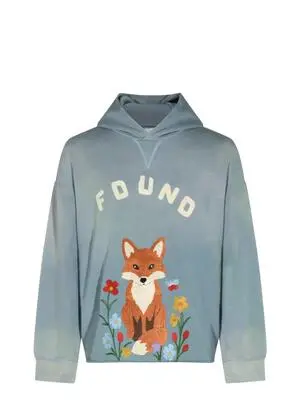 FOUND Fox Embroidered Cotton Hoodie - Blue