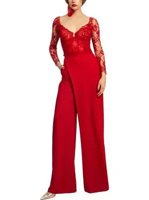 GEMY MAALOUF Lace Embroidered V-neck Top - Red
