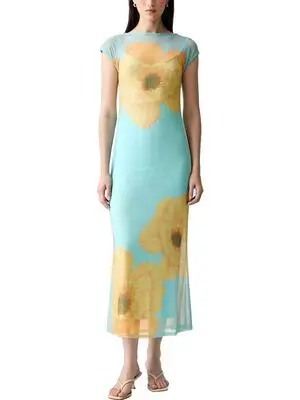 NEVER FULLY DRESSED Floral Print Mesh Midi Dress - Blue