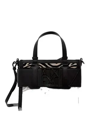 Armani Exchange Zebra Print Logo Plaque Tote Bag - Black