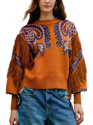 Farm Rio Fringed Patterned Sweater - Orange